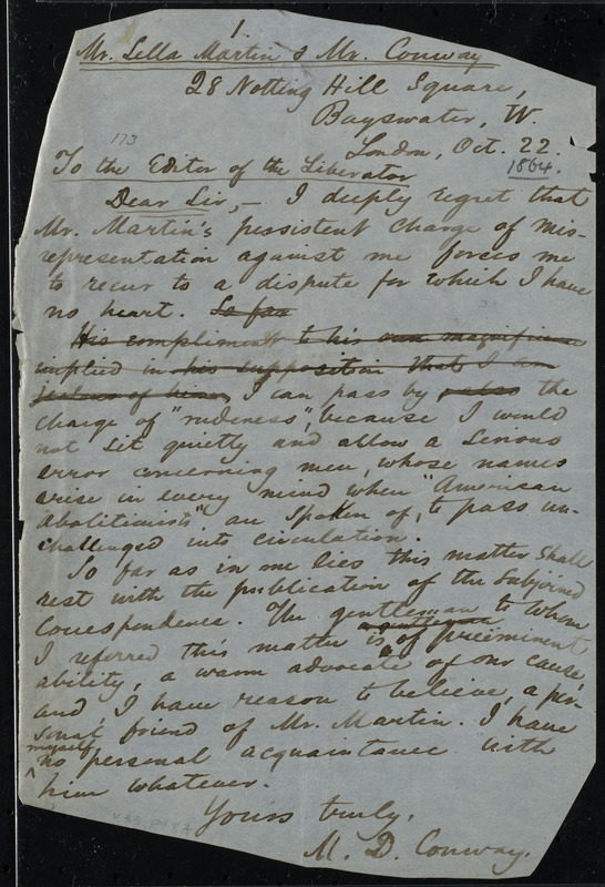 Letter from Moncure Daniel Conway, 28 Notthing Hill Square, Bayswater ...