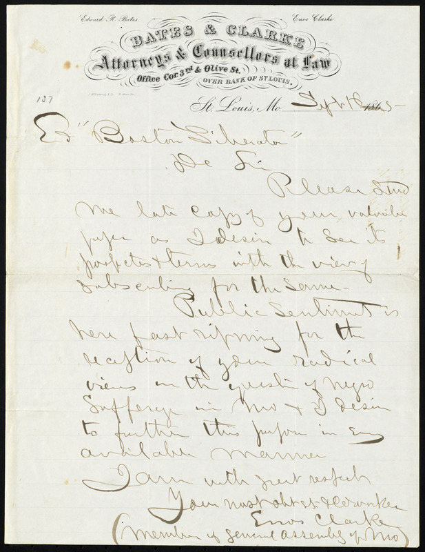 Letter from Enos Clarke, Bates & Clarke, Attorneys & Counsellors at Law ...