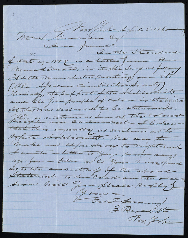 Letter from George Thomas Downing, 3 Broad St[reet], New York, to ...