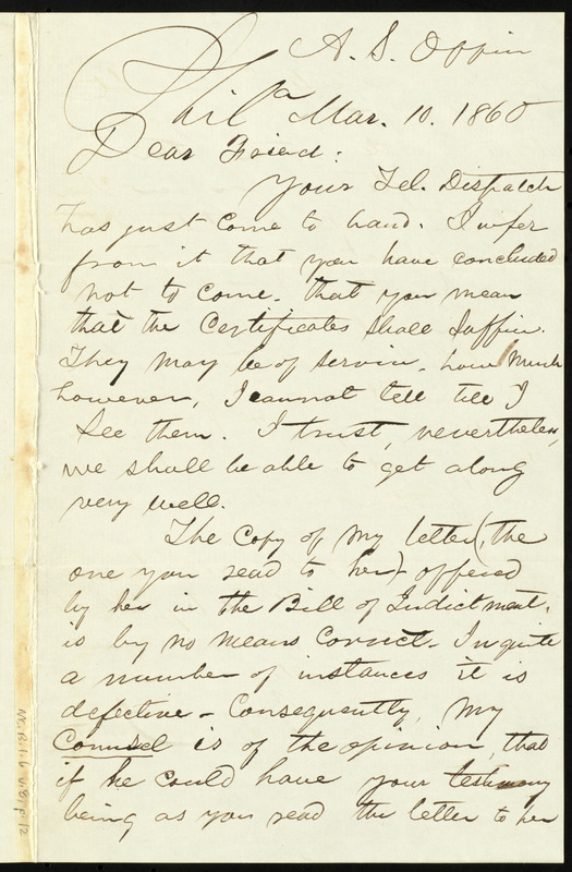 Letter from William Still, Philadelphia, to Samuel May, Mar. 10, 1860 ...