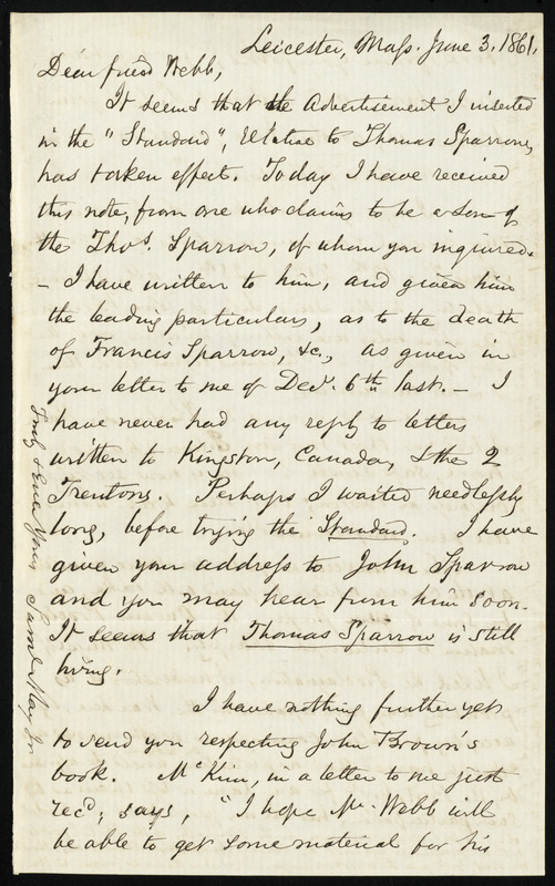 Letter from Samuel May, Leicester, Mass, to Richard Davis Webb, June 3 ...
