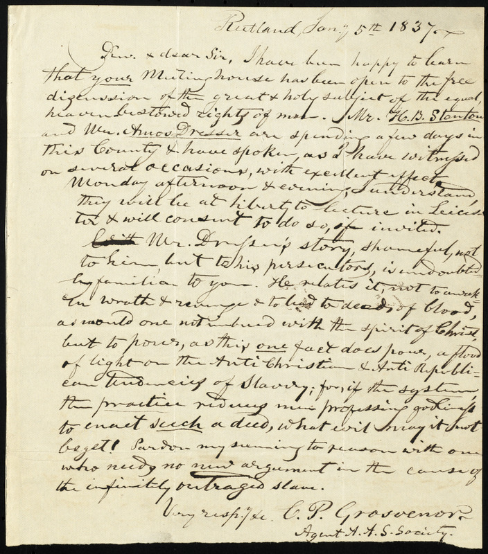 Letter from Cyrus Pitt Grosvenor, Rutland, [Vermont], to Samuel May ...