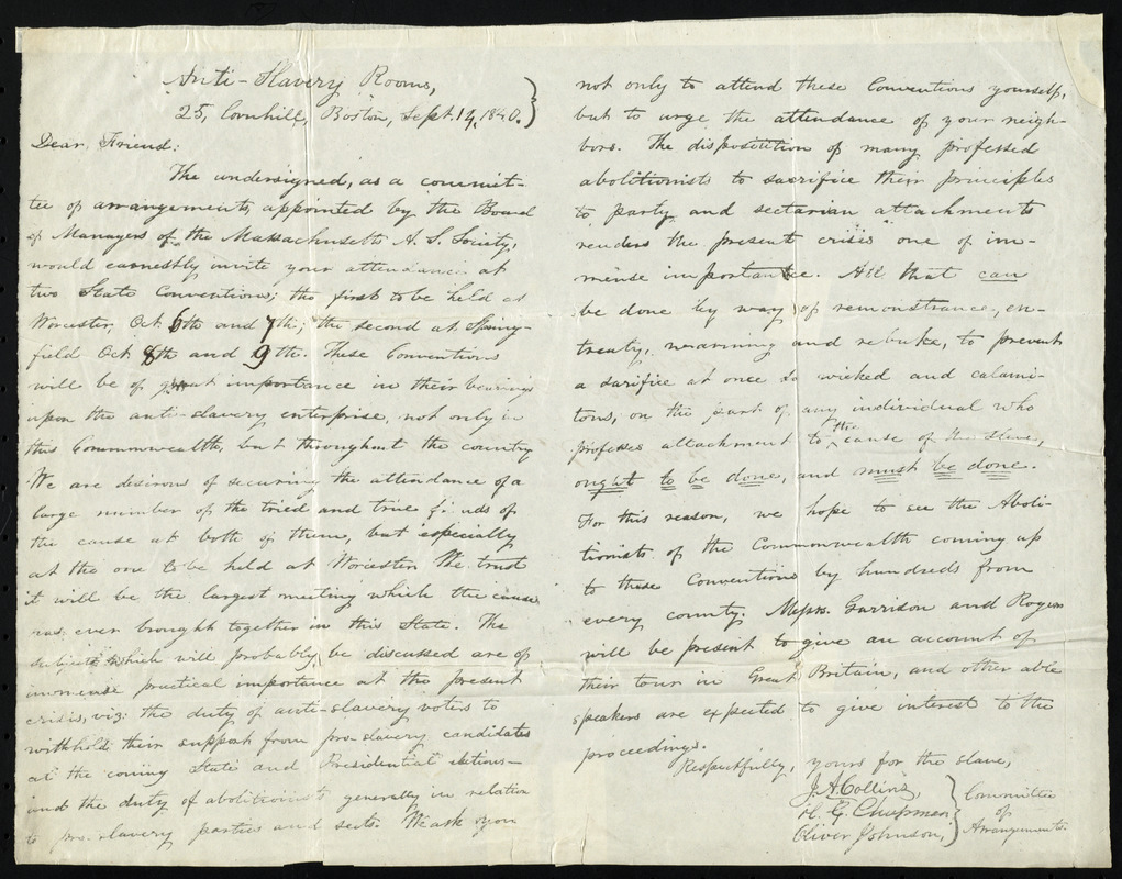 Letter from John Anderson Collins, Boston, to Samuel May, Sept. 14 ...