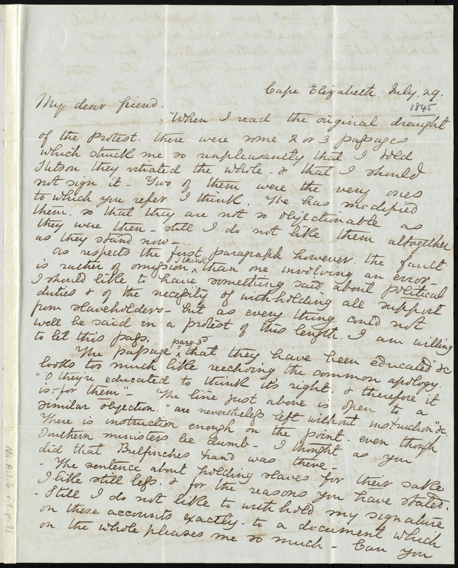 Letter from John Parkman, Cape Elizabeth, [Maine], to Samuel May, July ...