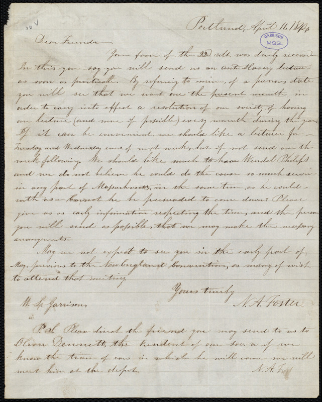 Letter from N. A. Foster, Portland, to William Lloyd Garrison, April 11 ...