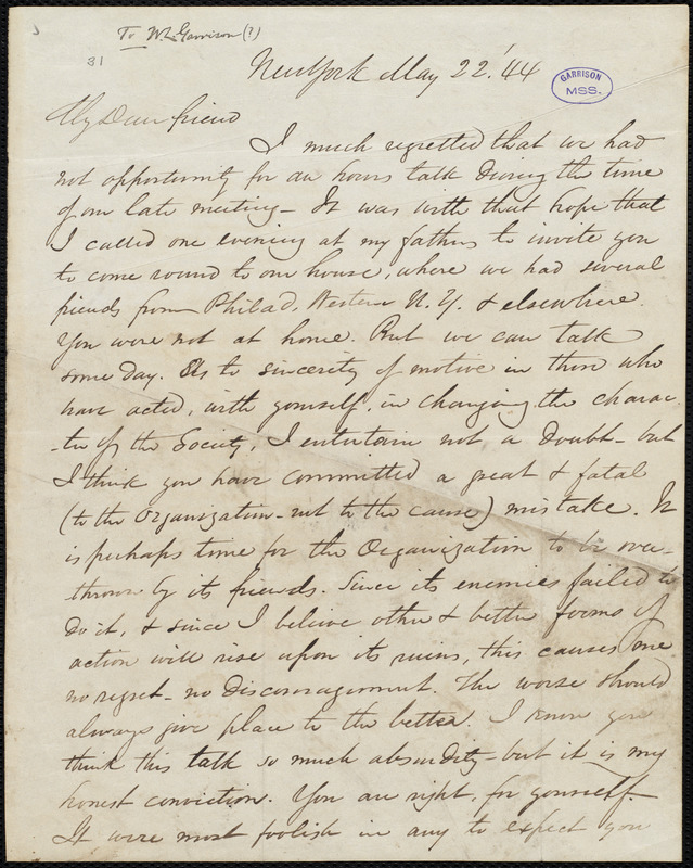 Letter from James Sloan Gibbons, New York, to William Lloyd Garrison ...