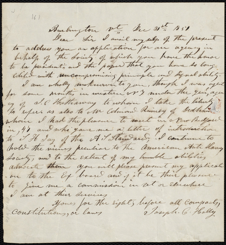 Letter from Joseph Cephas Holly, Burlington, Vt, to William Lloyd ...
