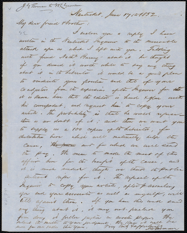 Letter from Jacob Gilbert Forman, Nantucket, [Mass.], to William Lloyd ...