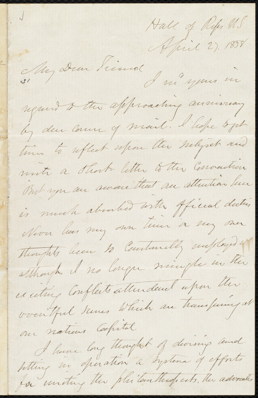 Letter from Joshua Reed Giddings, Hall of Rep[resentative]s ...