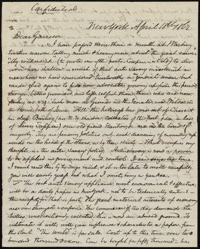Letter from James Sloan Gibbons, New York, to William Lloyd Garrison ...