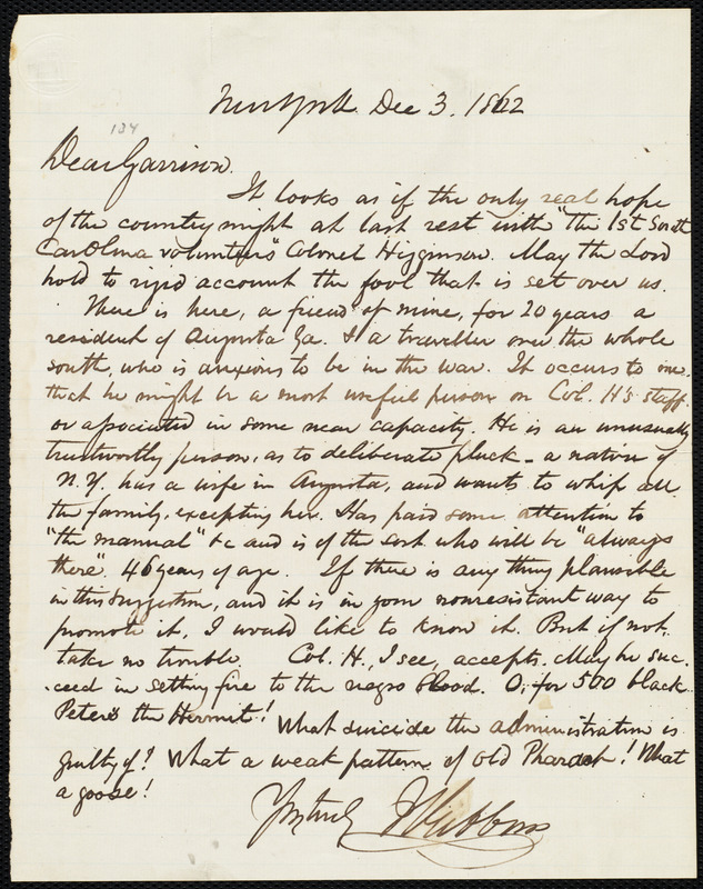 Letter from James Sloan Gibbons, New York, to William Lloyd Garrison ...