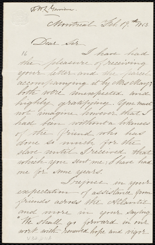Letter from Samuel Gale, Montreal, [Canada], to William Lloyd Garrison ...
