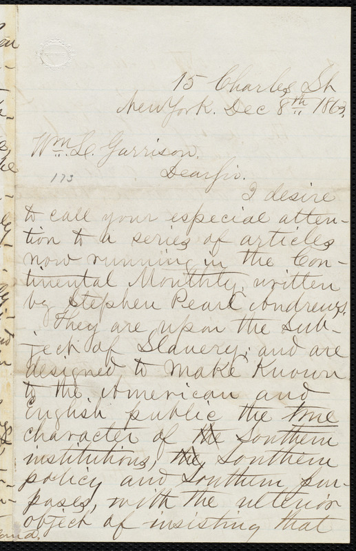 Letter from Edward B. Freeland, 15 Charles St[reet], New York, to ...