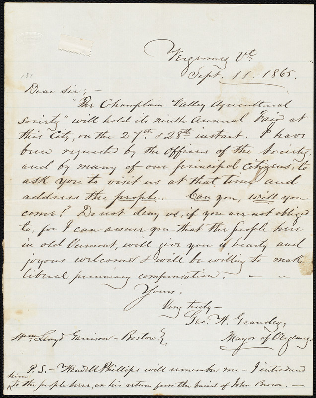 Letter from George W. Grandey, Vergennes, Vt, to William Lloyd Garrison ...