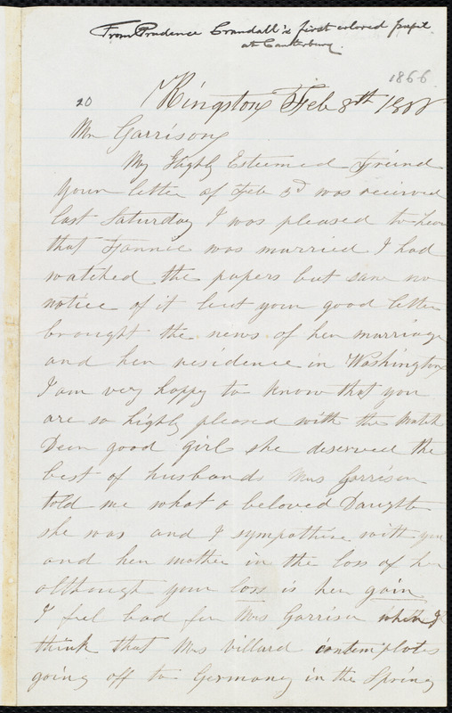 Letter from Sarah Ann Harris Fayerweather, Kingston, [R.I.], to William ...