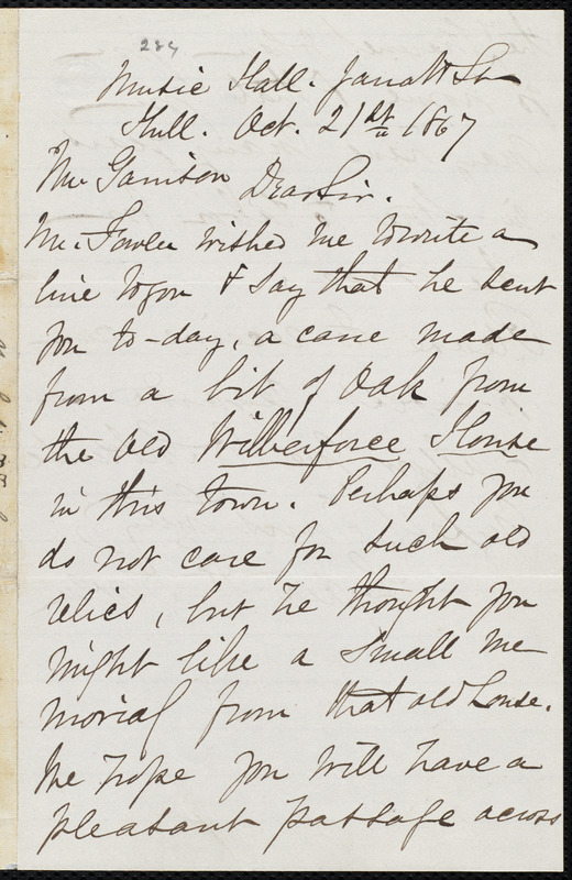 Letter from Lydia Folger Fowler, Music Hall, Janalt St[reet], Hull, to ...