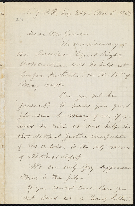 Letter from Lucy Stone, P.O. Box 299, N.Y., to William Lloyd Garrison ...