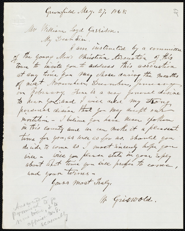 Letter from Whiting Griswold, Greenfield, [Mass.], to William Lloyd ...