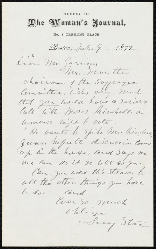 Letter from Lucy Stone, Boston, [Mass.], to William Lloyd Garrison, Feb ...