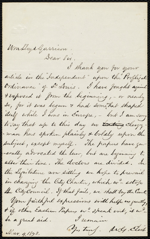 Letter from William Greenleaf Eliot, to William Lloyd Garrison, Mar[ch ...