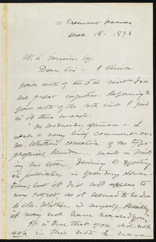 Letter from Delano Alexander Goddard, 11 Tremont Place, to William ...