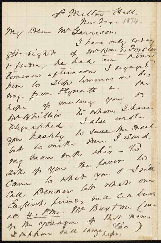 Letter from John Murray Forbes, Milton Hill, to William Lloyd Garrison ...