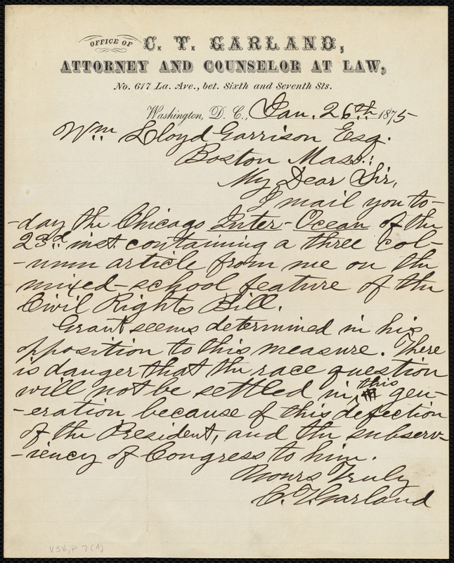 Letter from C. T. Garland, No. 617 La. Ave., bet[ween] Sixth and ...