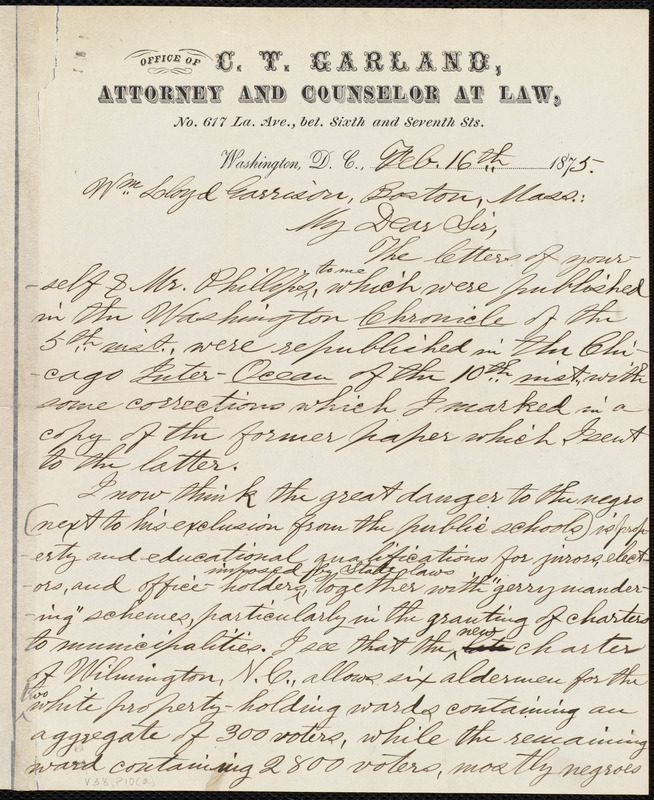 Letter from C. T. Garland, No. 617 La. Ave., bet[ween] Sixth and ...