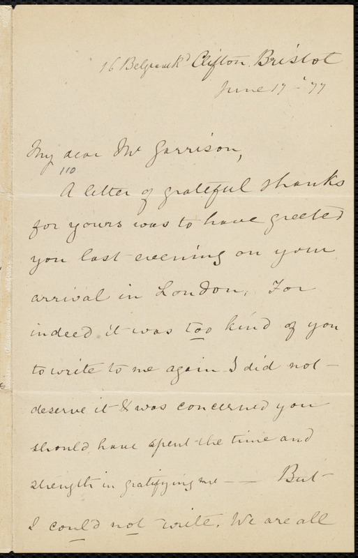 Letter from Mary Anne Estlin, 16 Blegrave Rd., Clifton, Bristol ...