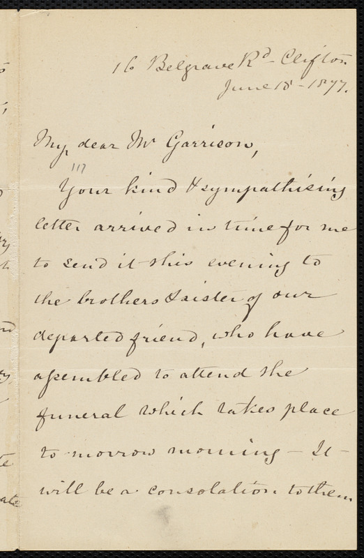 Letter from Mary Anne Estlin, 16 Belgrave Rd., Clifton, [England], to ...