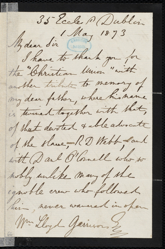 Letter from Samuel Haughton, 35 Eccles St[reet], Dublin, [Ireland], to ...