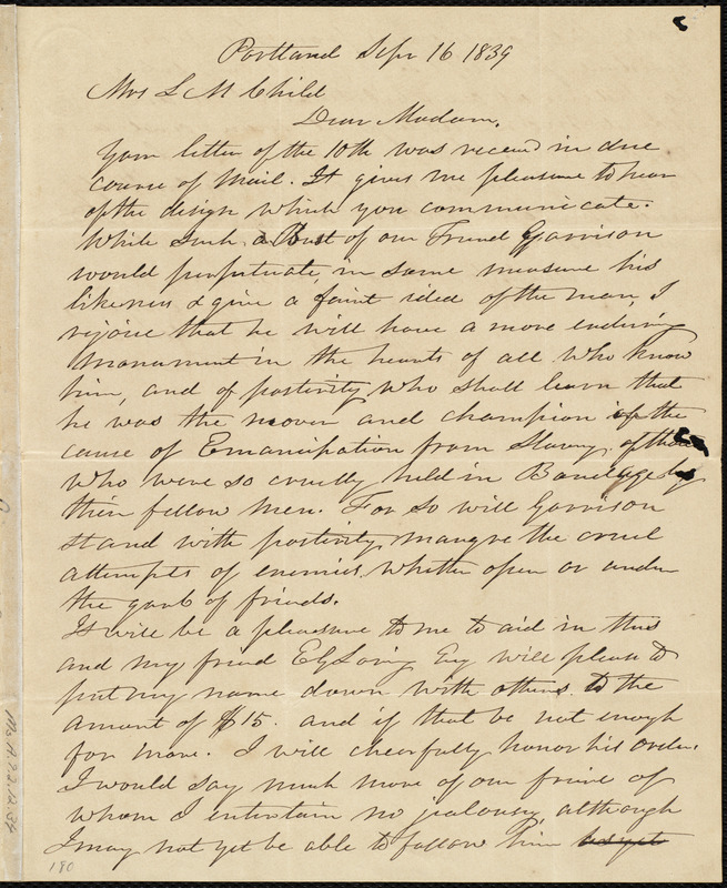Letter from Samuel Fessenden, Portland, [Maine], to Lydia Maria Child ...
