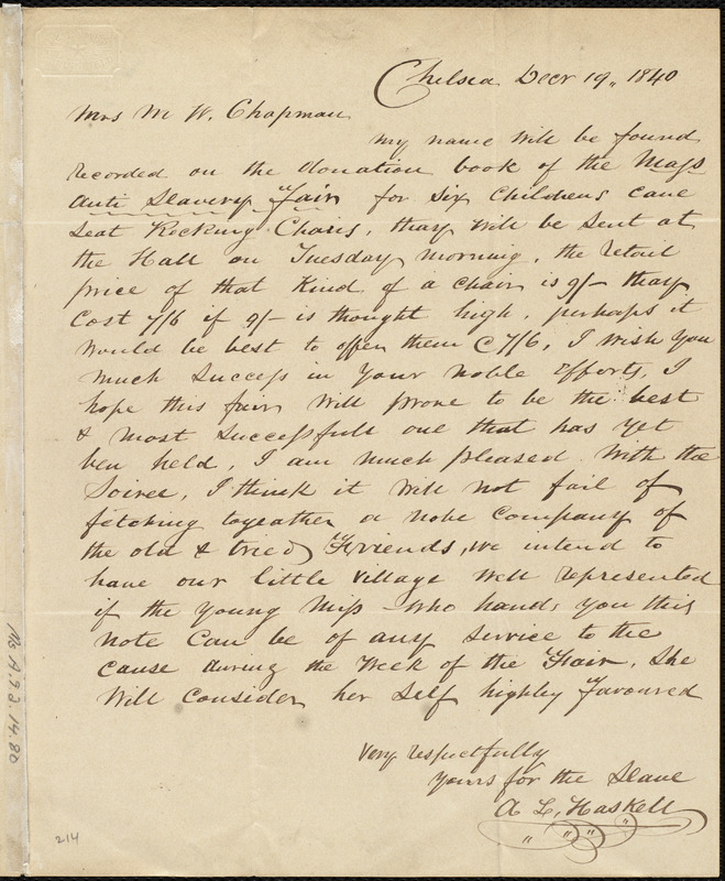 Letter from A. L. Haskell, Chelsea, [Mass.], to Maria Weston Chapman ...