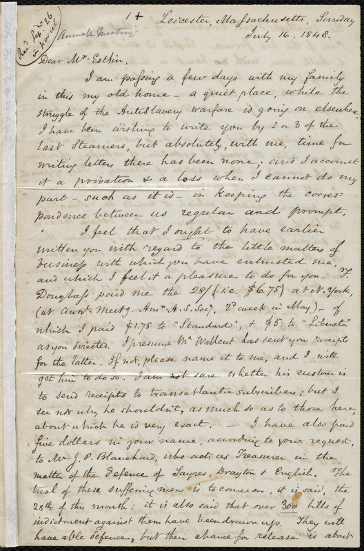 Letter from Samuel May, Leicester, Massachusetts, to John Bishop Estlin ...