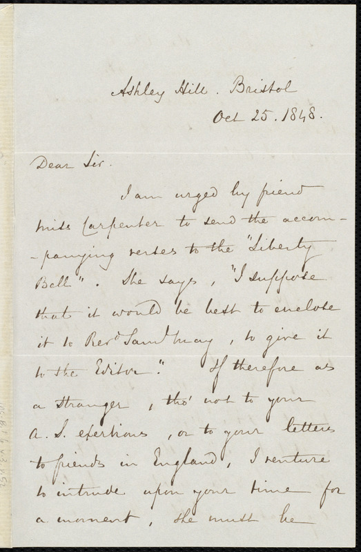 Letter from Edwin Chapman, Ashley Hill, Bristol, to Samuel May, Oct. 25 ...