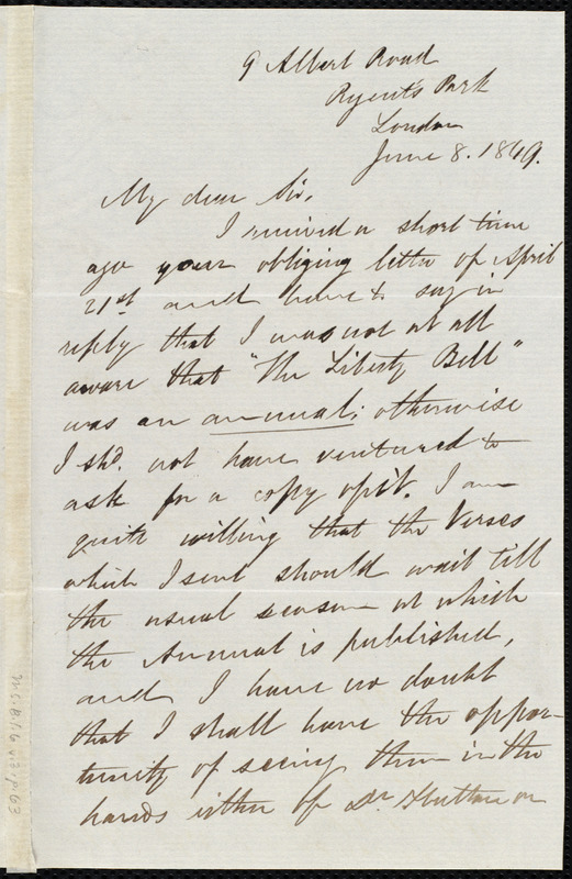 Letter from S. Wood, London, to Samuel May, June 8, 1849 - Digital ...