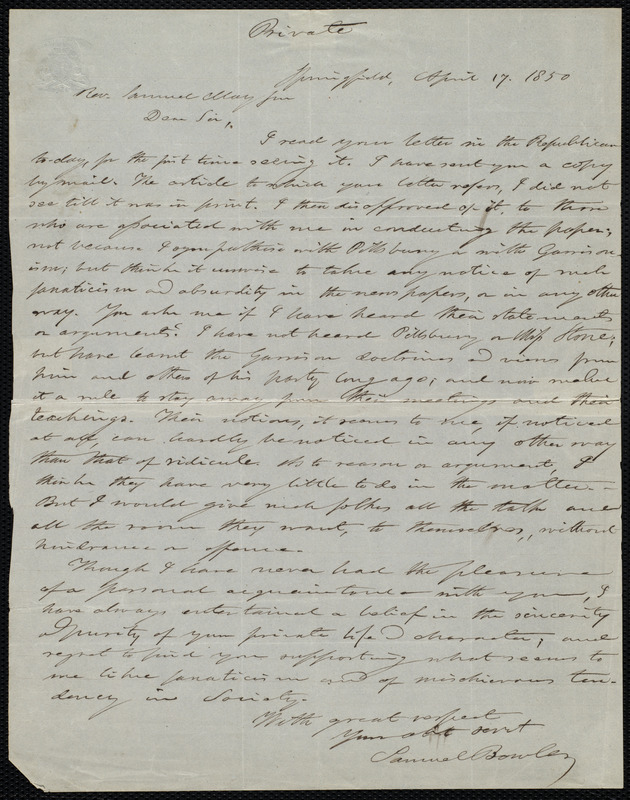 Letter from Samuel Bowles, Springfield, [Mass.], to Samuel May, April ...