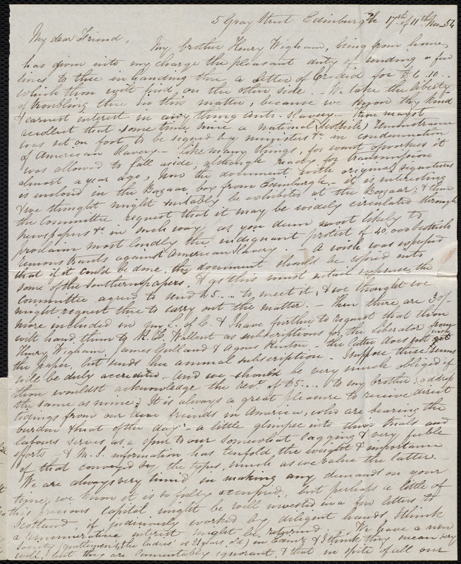 Letter from Eliza Wigham, Edingburgh, to Samuel May, 17th of 11th mo ...