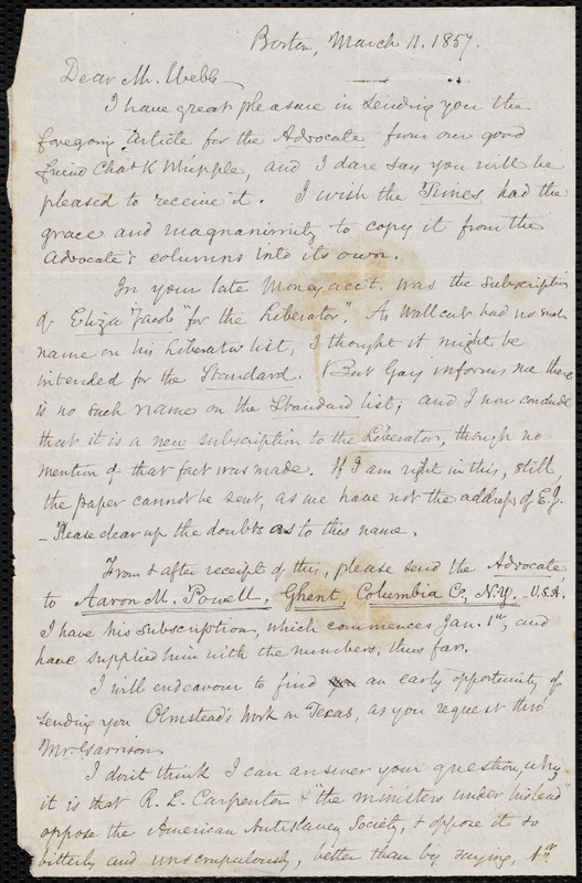 Letter from Samuel May, Boston, to Richard Davis Webb, March 11, 1857 ...