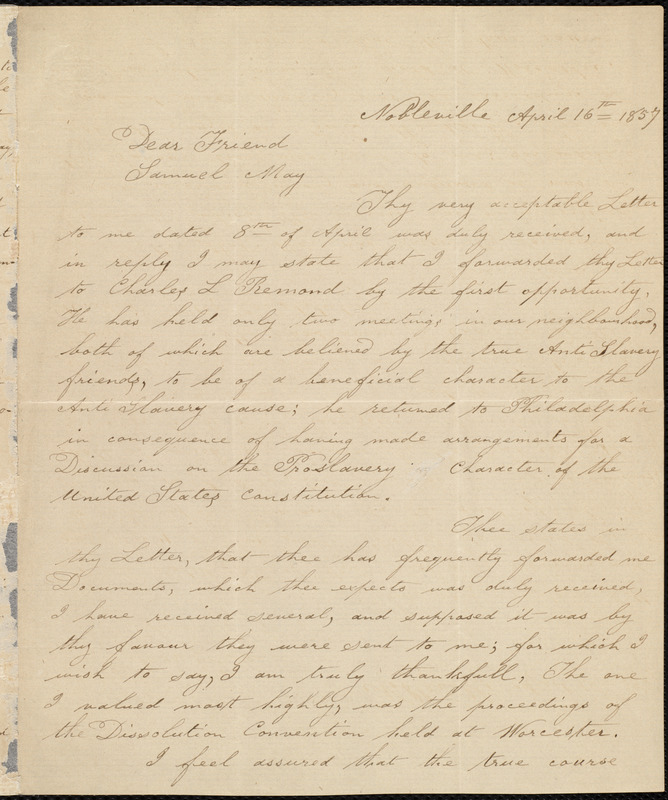 Letter from Thomas Whitson, Nobleville, [Ohio?], to Samuel May, April ...