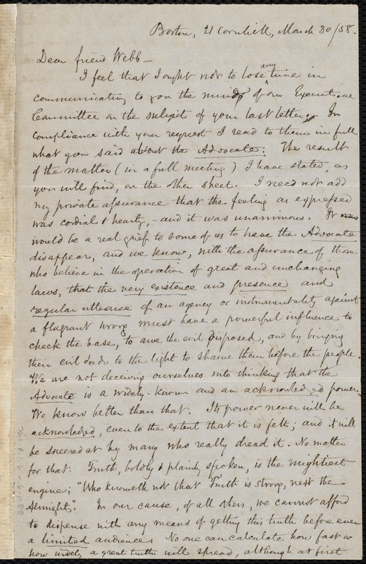 Letter from Samuel May, Boston, to Richard Davis Webb, March 30 / 58 ...