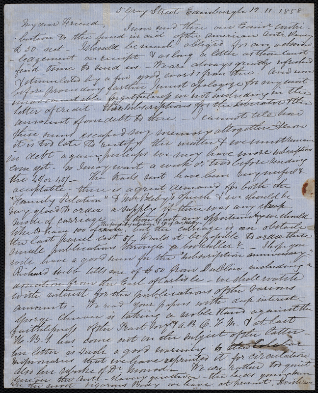 Letter from Eliza Wigham, Edinburgh, to Samuel May, 12.11.1858 ...