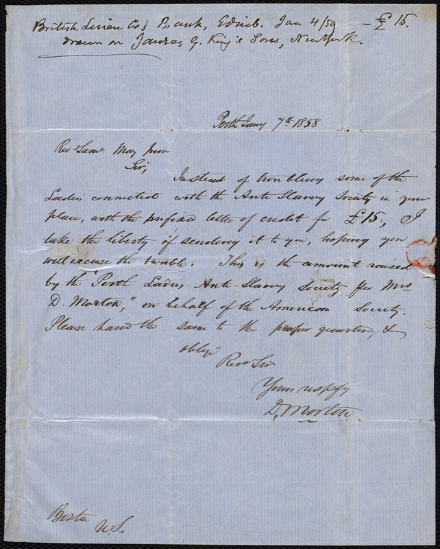 Letter from D. Morton, Perth, [Scotland], to Samuel May, January 7th ...