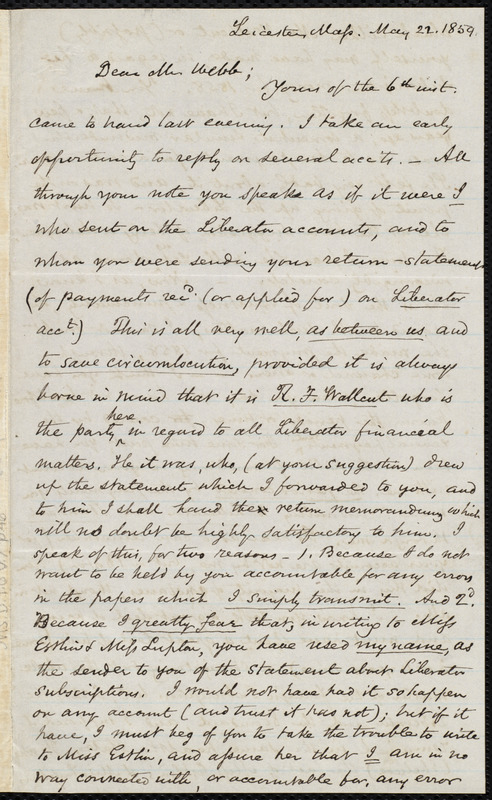 Letter from Samuel May, Leicester, Mass., to Richard Davis Webb, May 22 ...