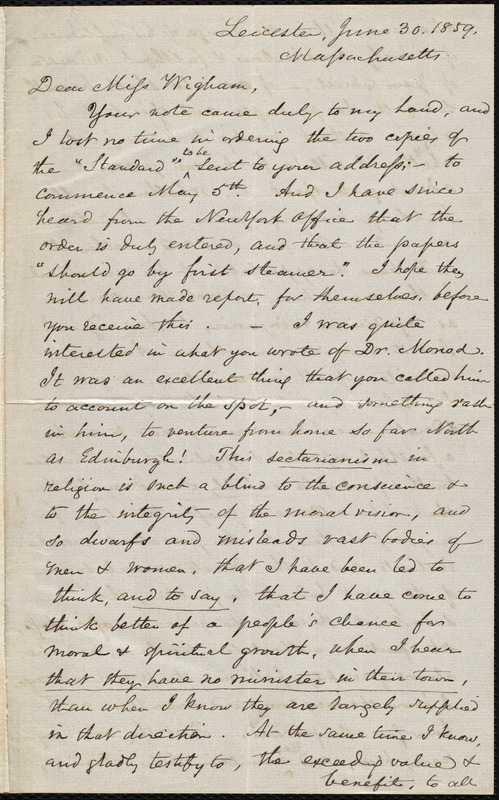 Letter from Samuel May, Leicester, Mass., to Eliza Wigham, June 30 ...