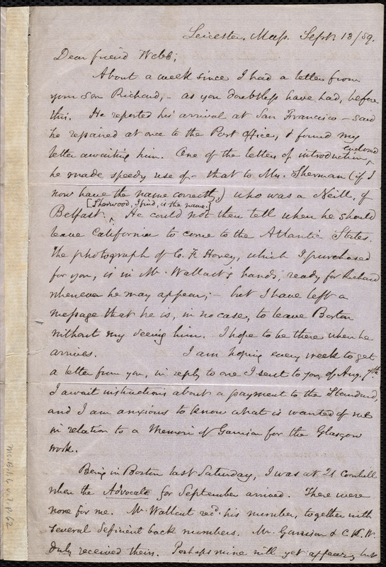 Letter from Samuel May, Leicester, Mass., to Richard Davis Webb, Sept ...