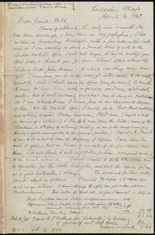Letter from Samuel May, Leicester, Mass., to Richard Davis Webb, April ...