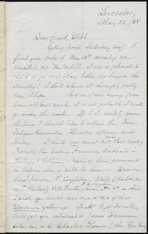 Letter from Samuel May, Leicester, [Mass.], to Richard Davis Webb, May ...
