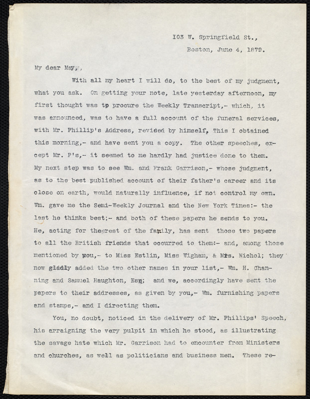 Letter from Robert Folger Wallcut, Boston, to Samuel May, June 4, 1879 ...