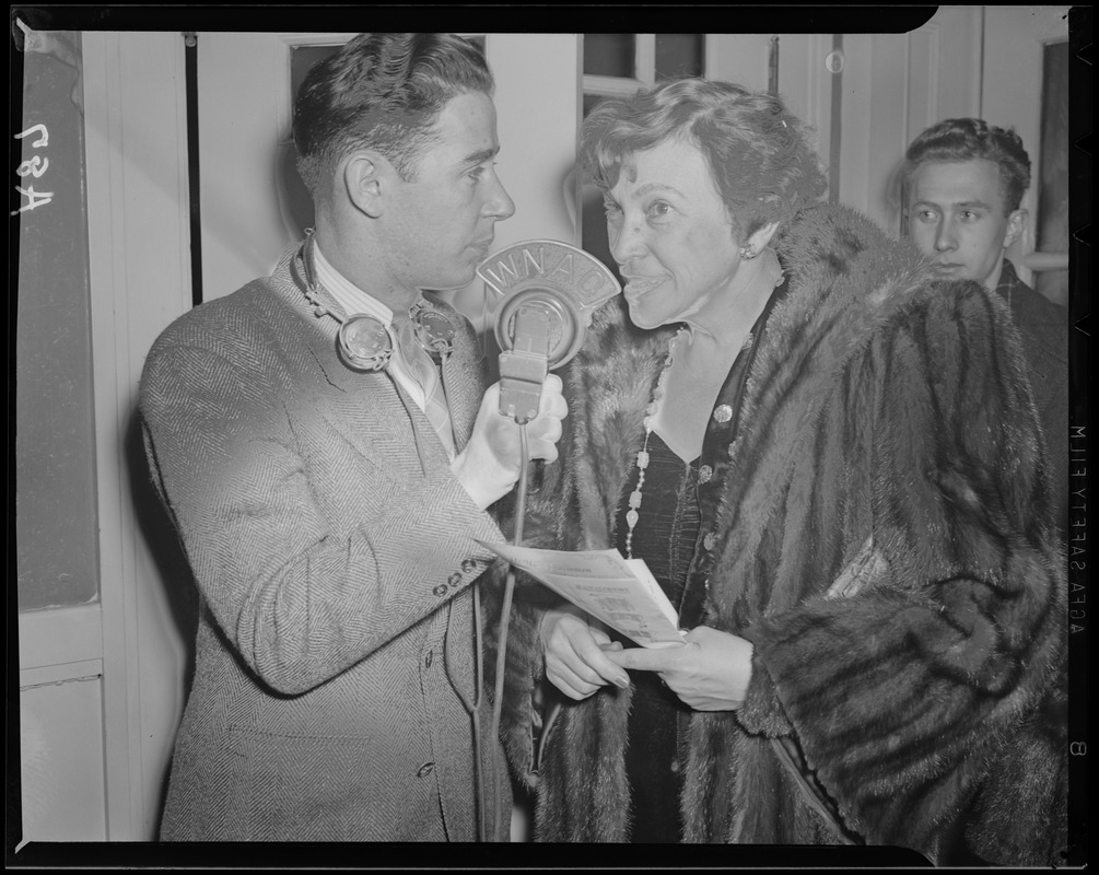 Vin Maloney and Marjorie Mills with WNAC microphone - Digital Commonwealth